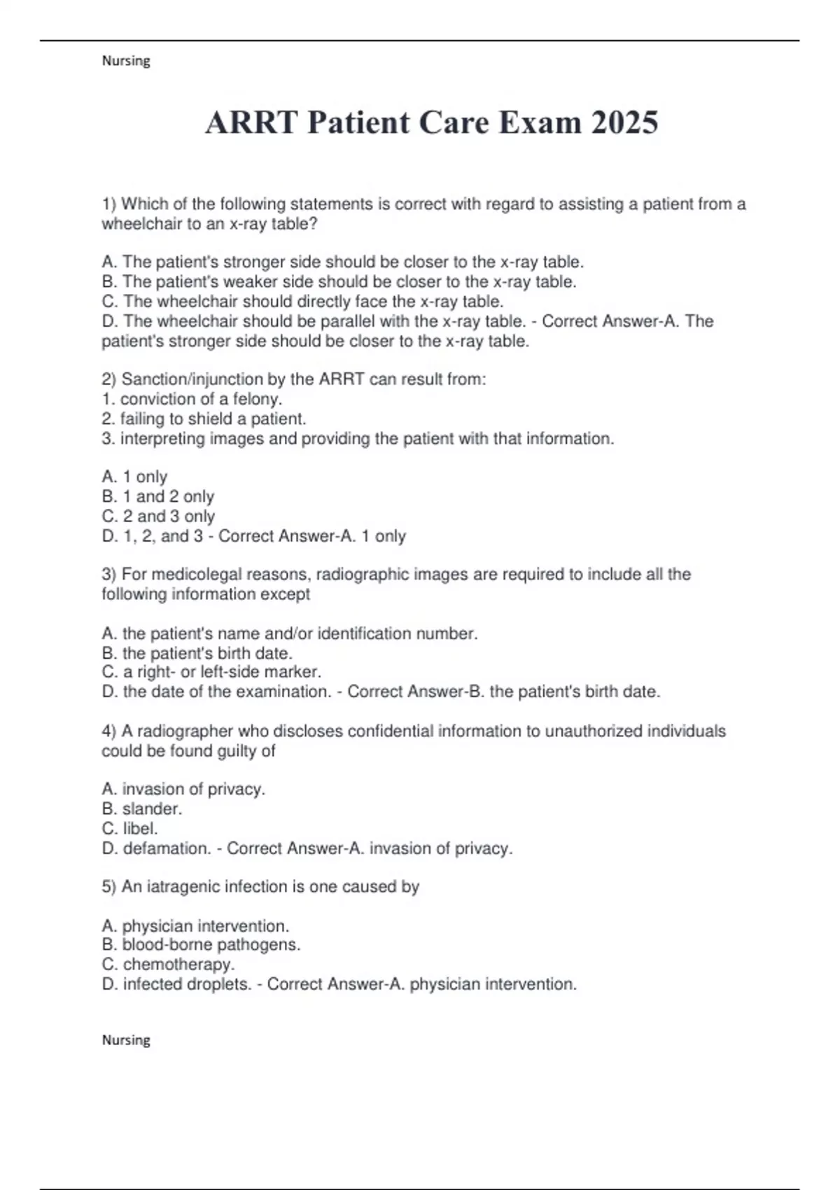 ARRT Patient Care Exam 2025 - ARRT Patient Care - Stuvia US