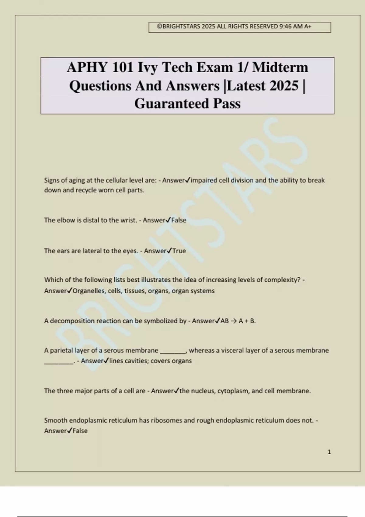 APHY 101 Ivy Tech Exam 1/ Midterm Questions And Answers |Latest 2025 ...