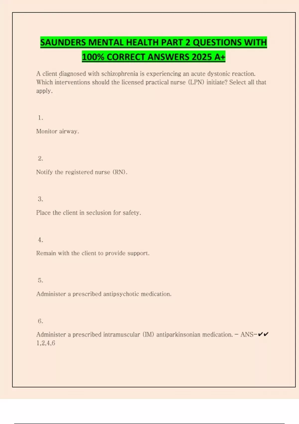 SAUNDERS MENTAL HEALTH PART 2 QUESTIONS WITH 100% CORRECT ANSWERS 2025 ...