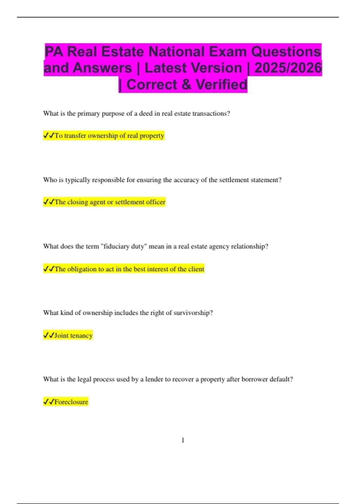 PA Real Estate National Exam Questions and Answers | Latest Version ...