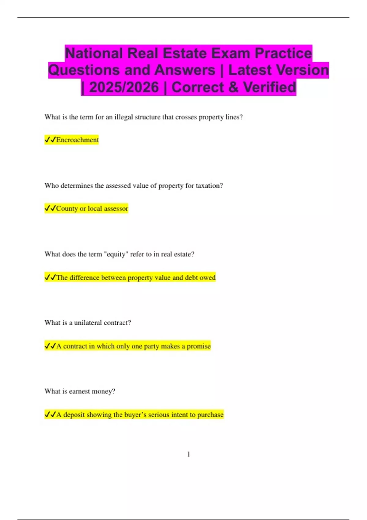 National Real Estate Exam Practice Questions and Answers | Latest ...