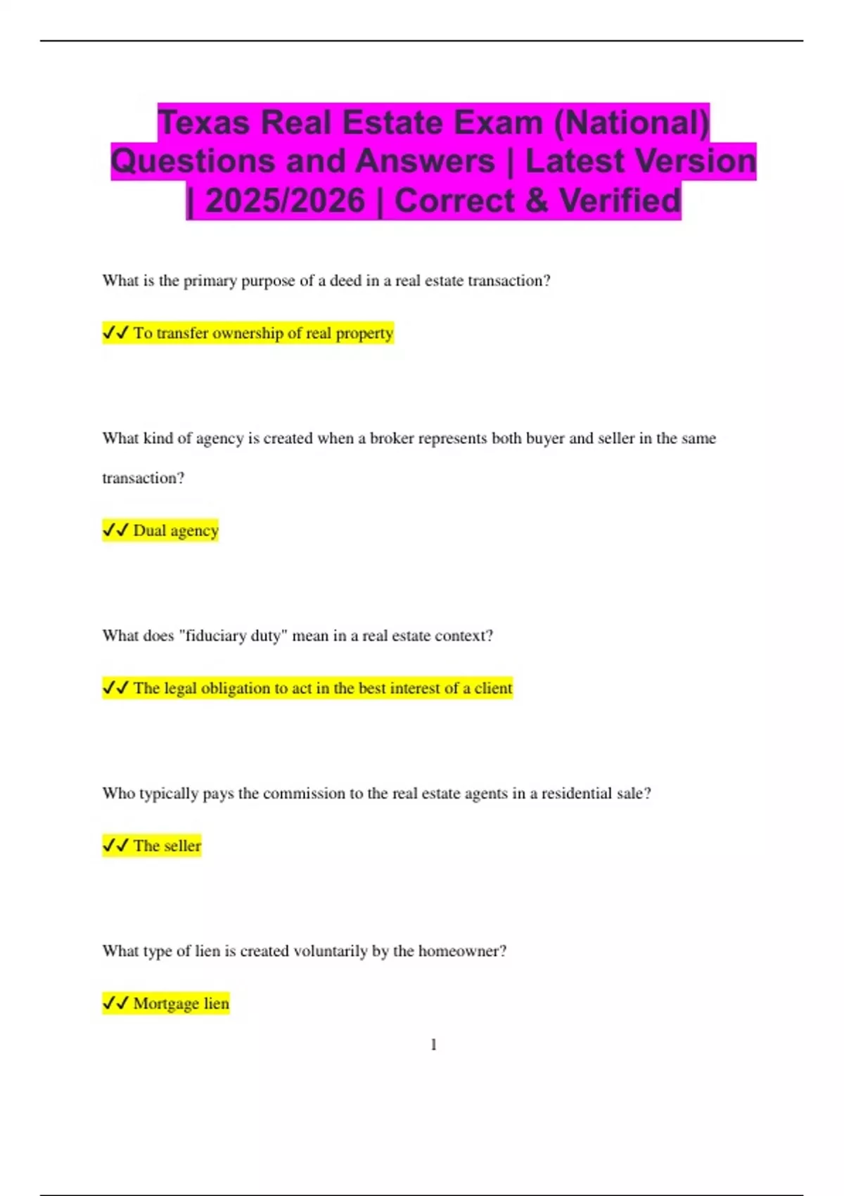 Texas Real Estate Exam (National) Questions and Answers | Latest ...