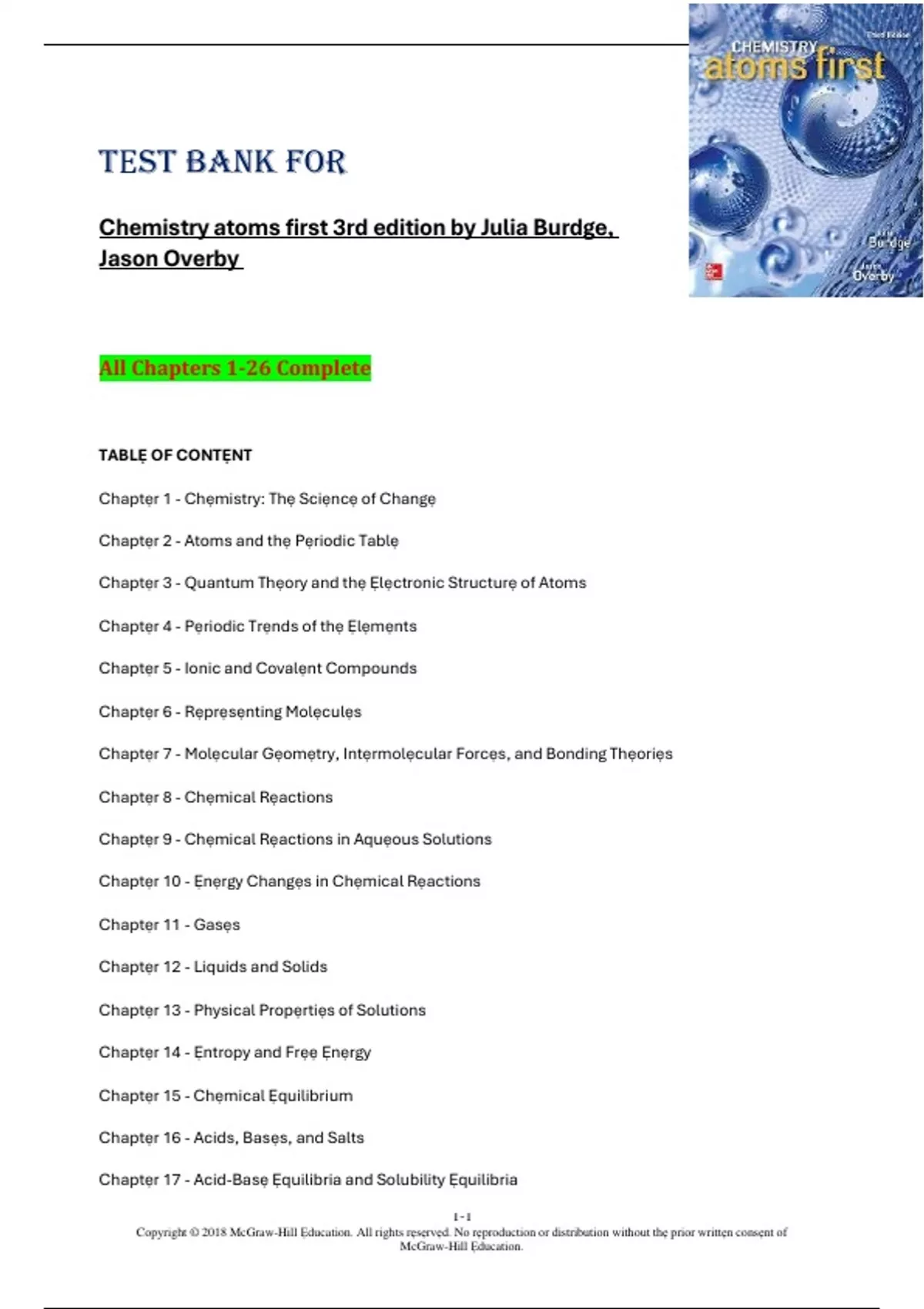 Test Bank for Chemistry atoms first 3rd edition by Julia Burdge, Jason ...