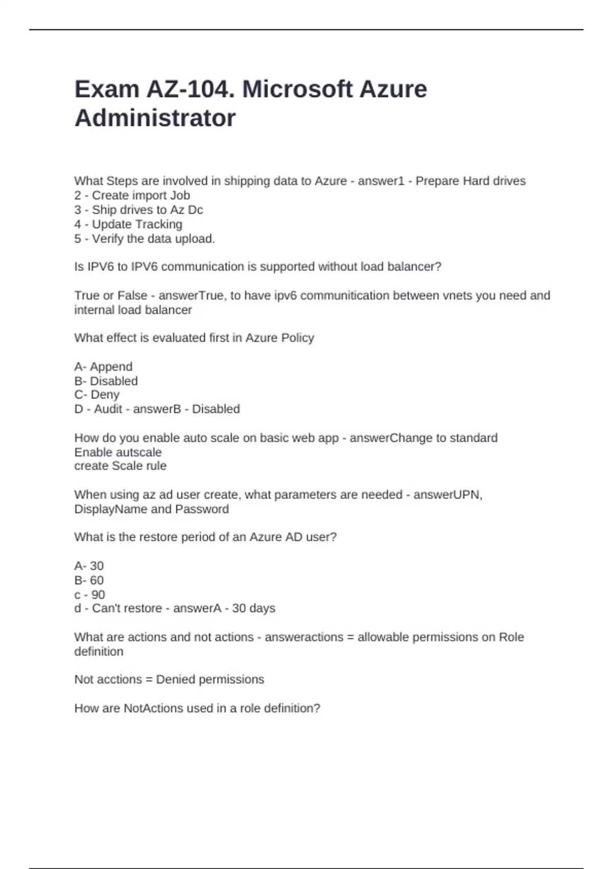 Exam AZ-104. Microsoft Azure Administrator Questions with Solutions ...