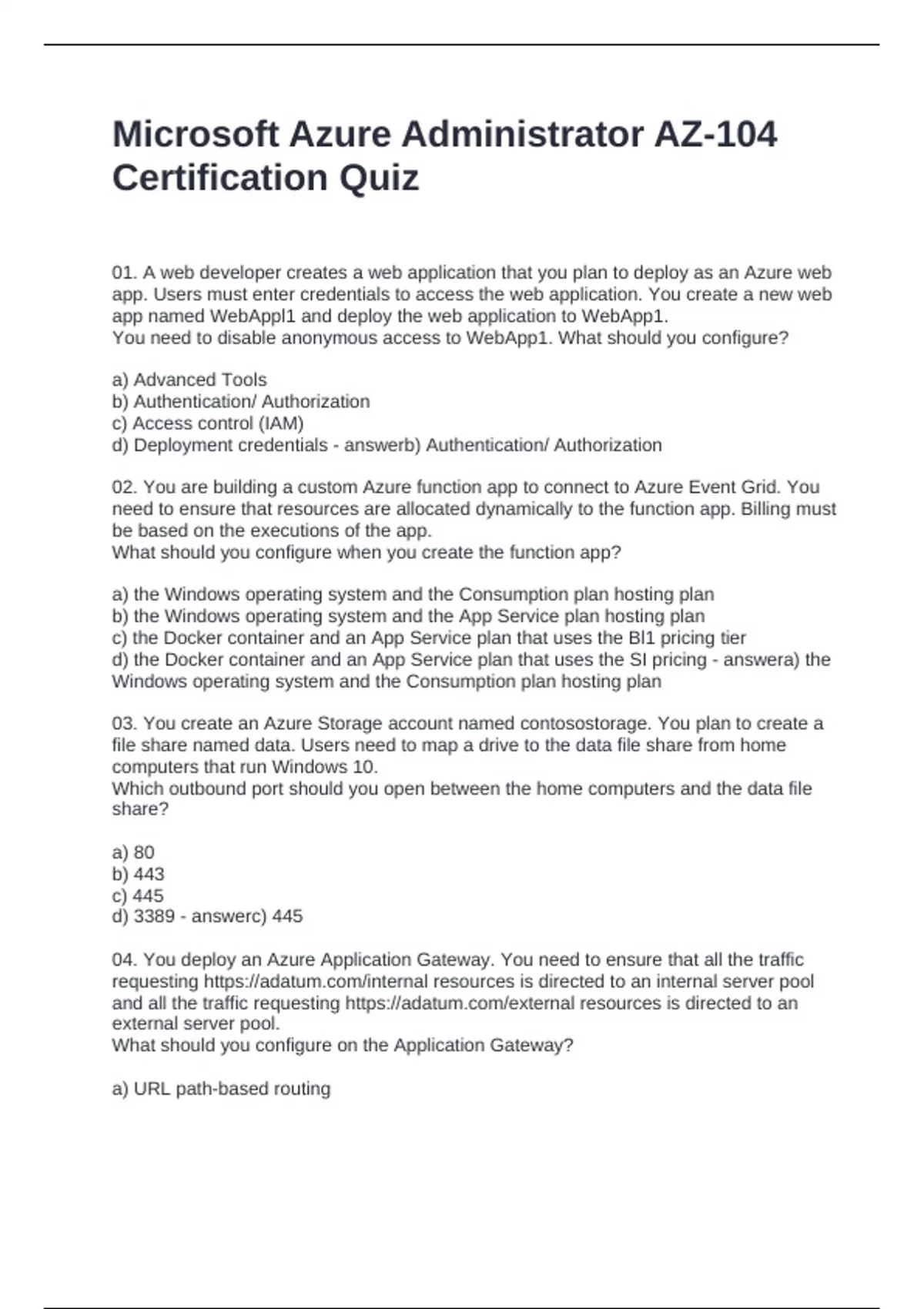 Microsoft Azure Administrator AZ-104 Certification Quiz Questions and ...