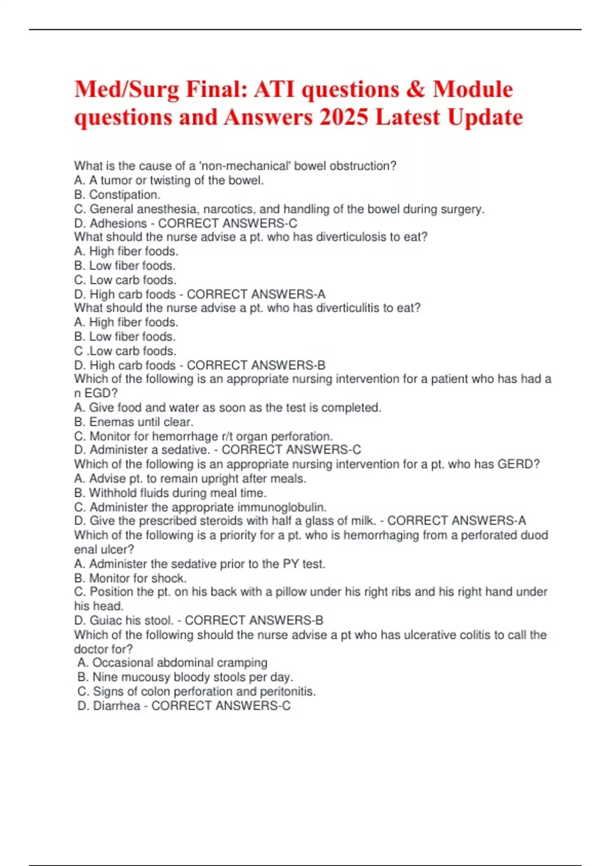 Med/Surg Final: ATI questions & Module questions and Answers 2025 ...