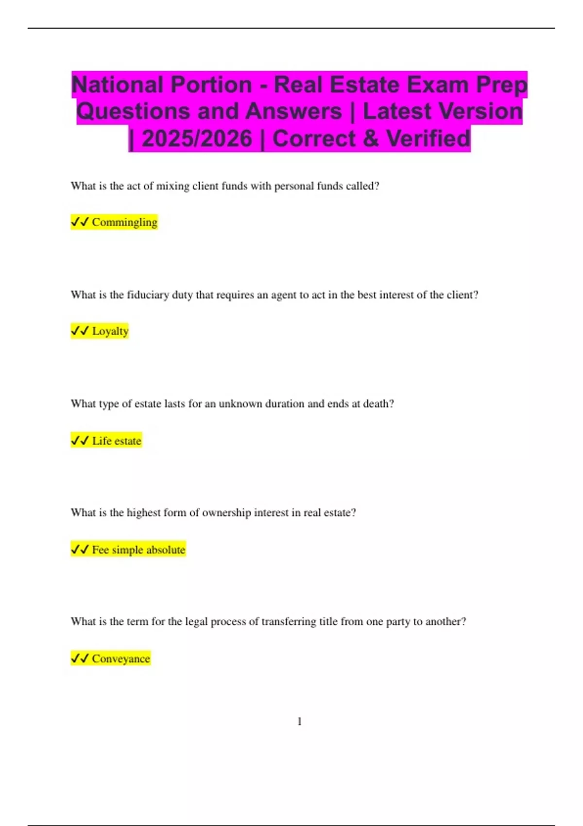 National Portion - Real Estate Exam Prep Questions and Answers | Latest ...