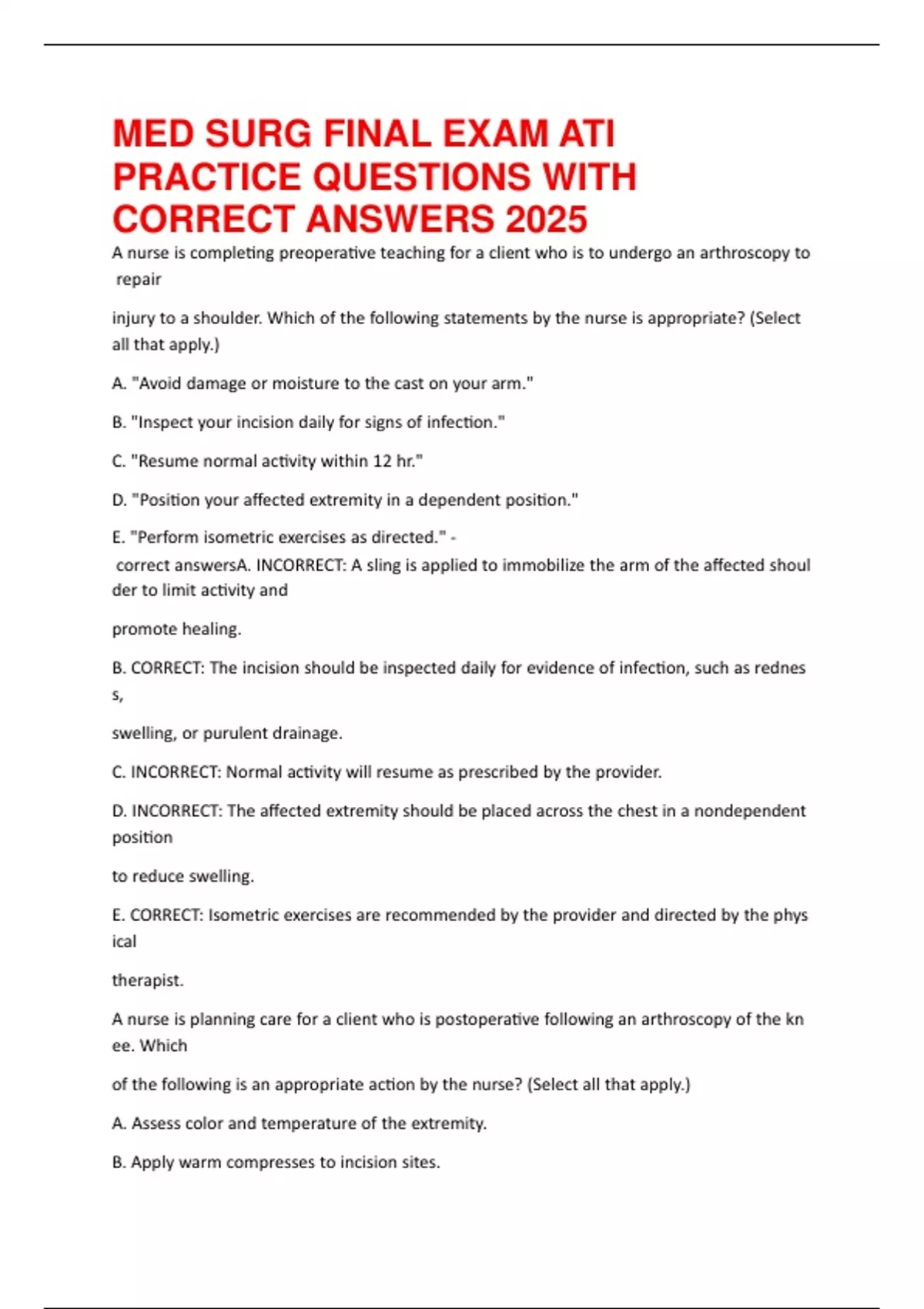 MED SURG FINAL EXAM ATI PRACTICE QUESTIONS WITH CORRECT ANSWERS 2025 ...