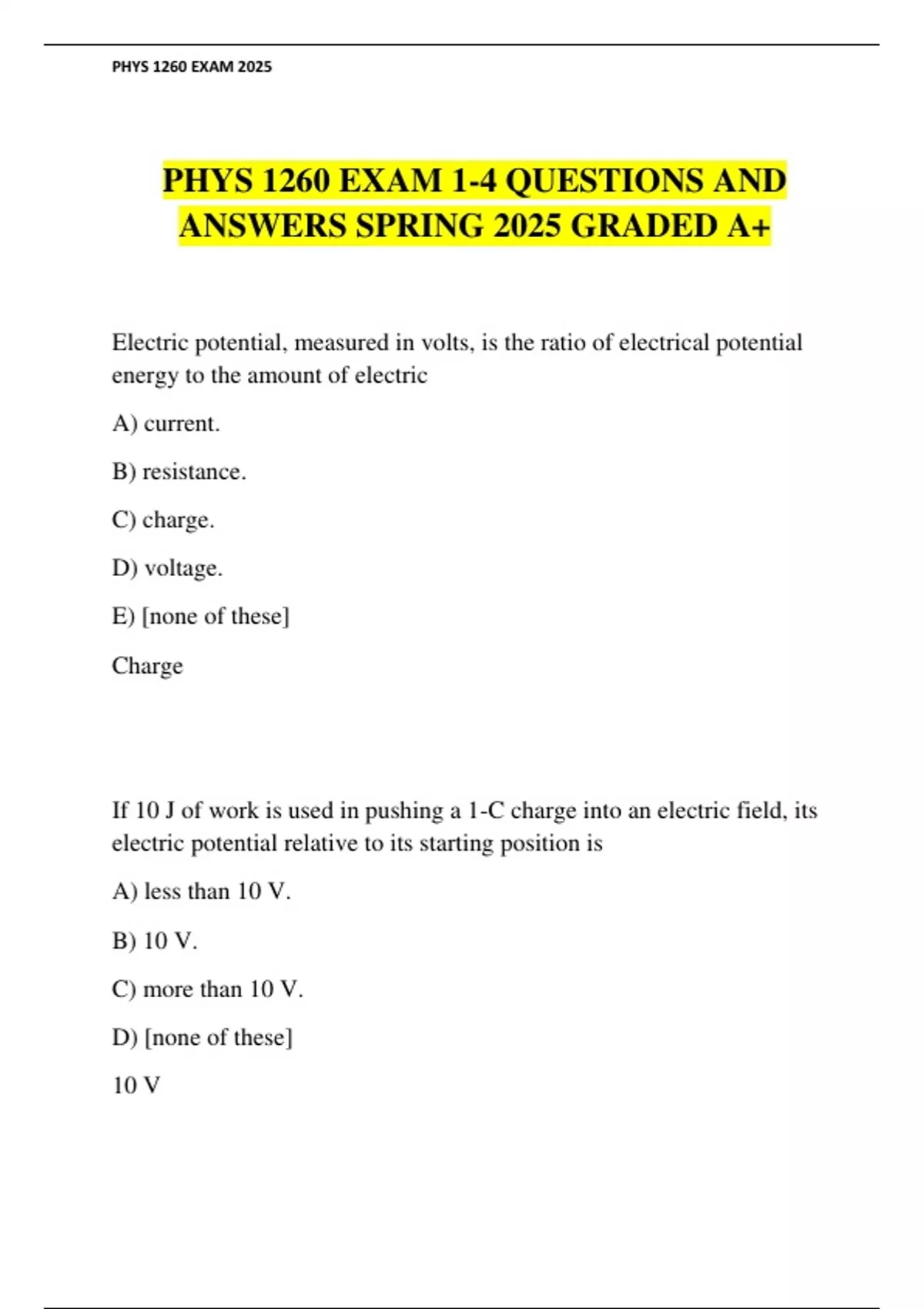 PHYS 1260 EXAM PACK ACTUAL QUESTIONS AND ANSWERS - Stuvia US
