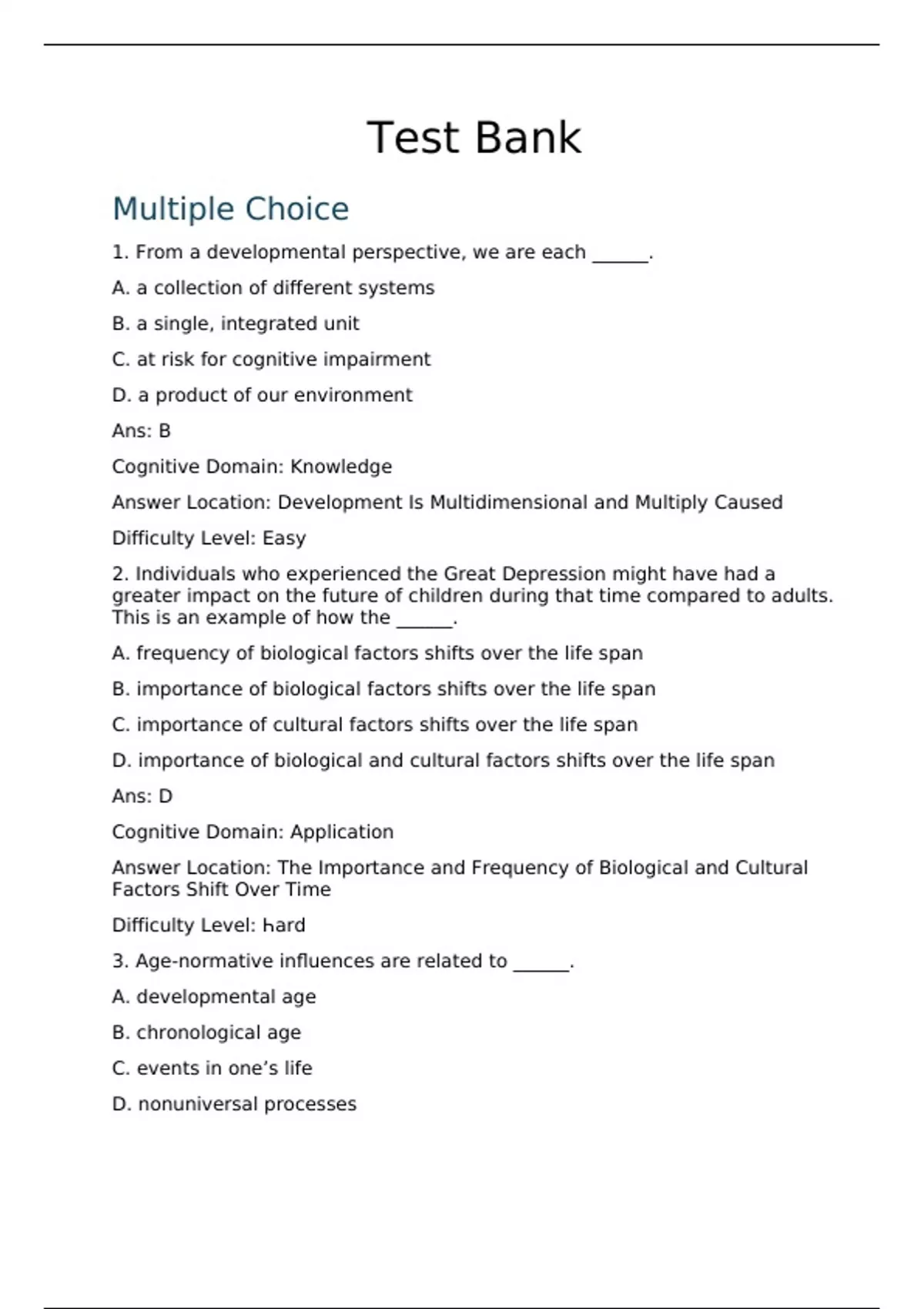 Test Bank/Quizzes: Adult Development and Aging,Julie Hicks Patrick ...