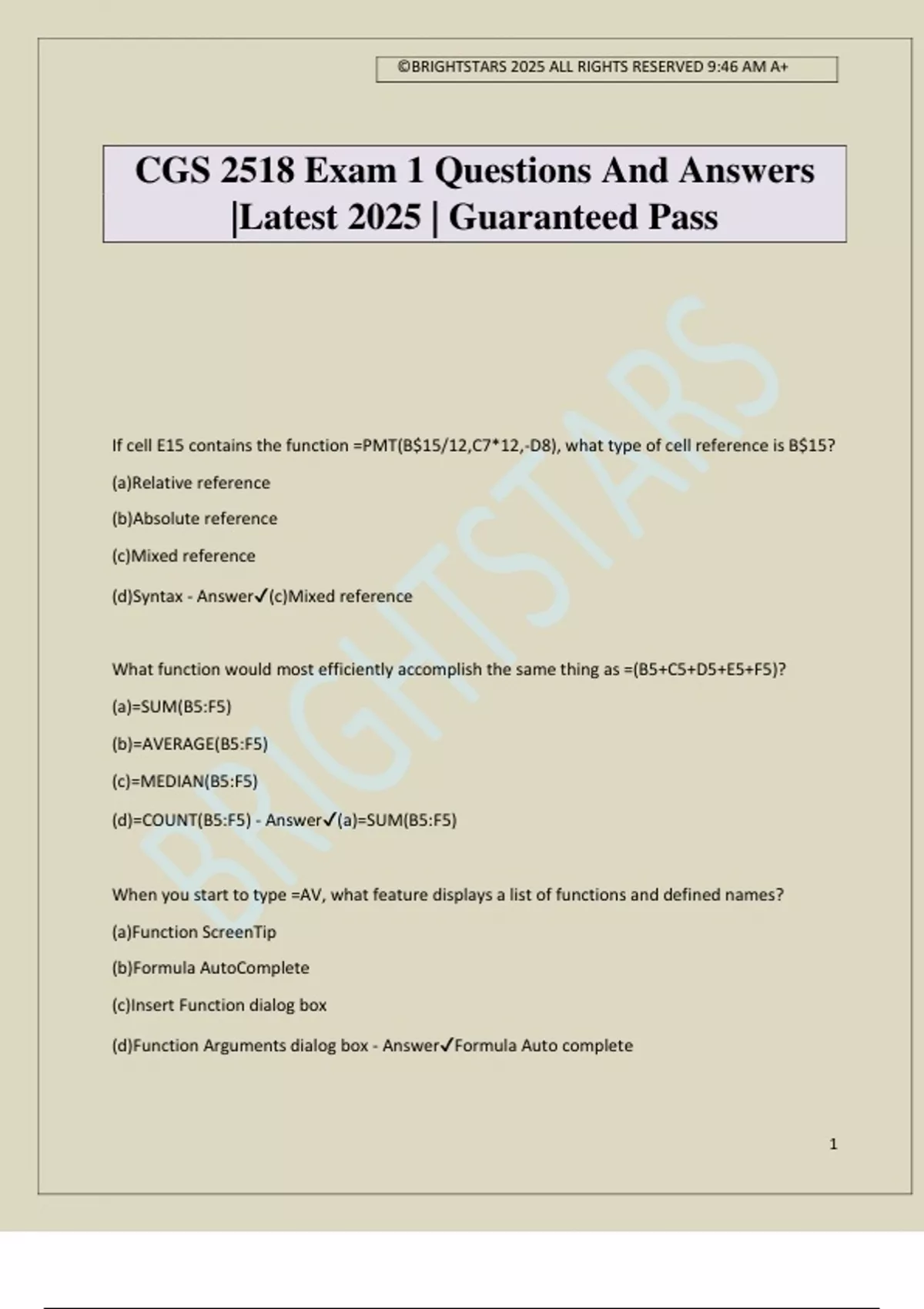 CGS 2518 Exam 1 Questions And Answers |Latest 2025 | Guaranteed Pass ...