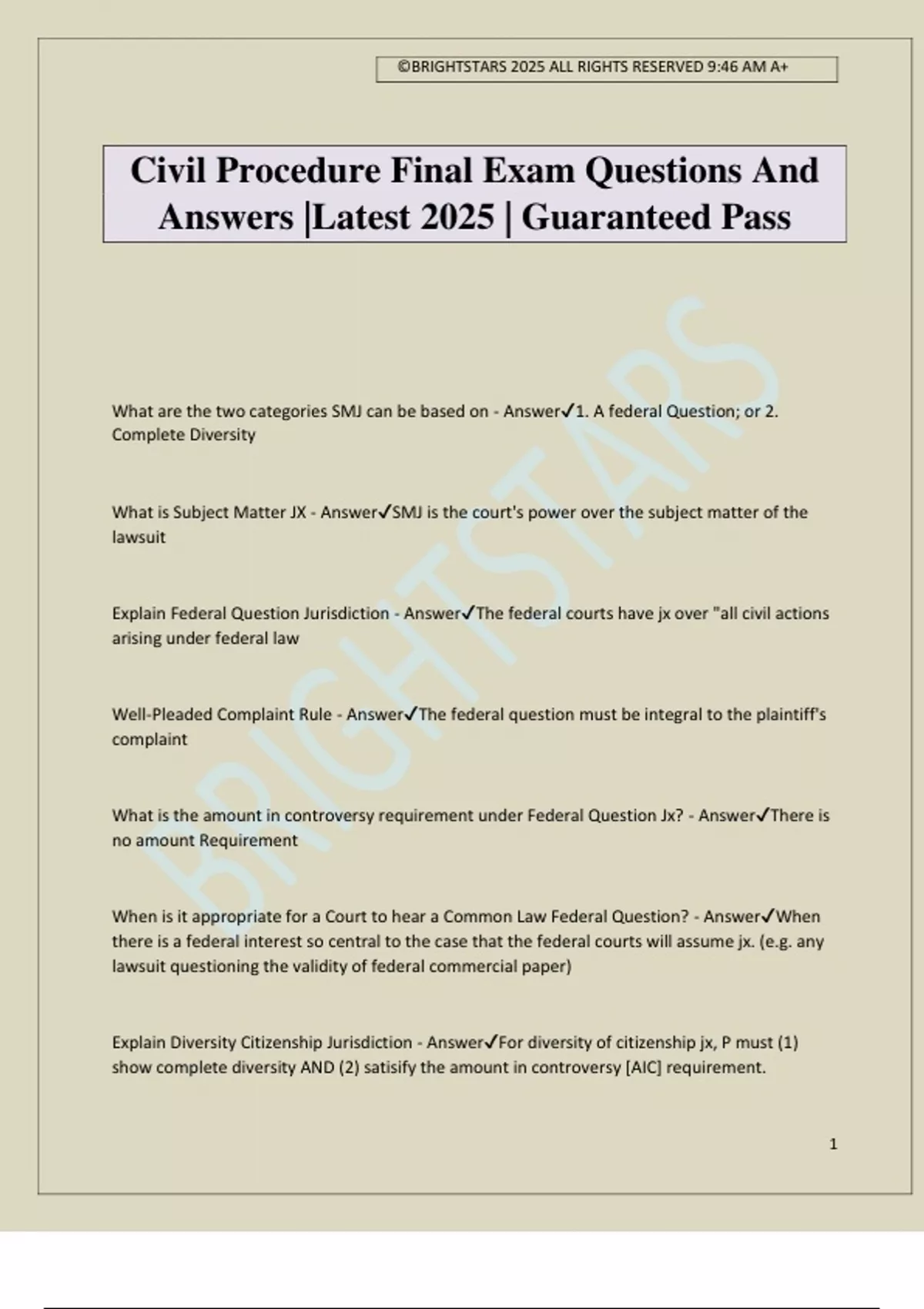 Civil Procedure Final Exam Questions And Answers |Latest 2025 ...