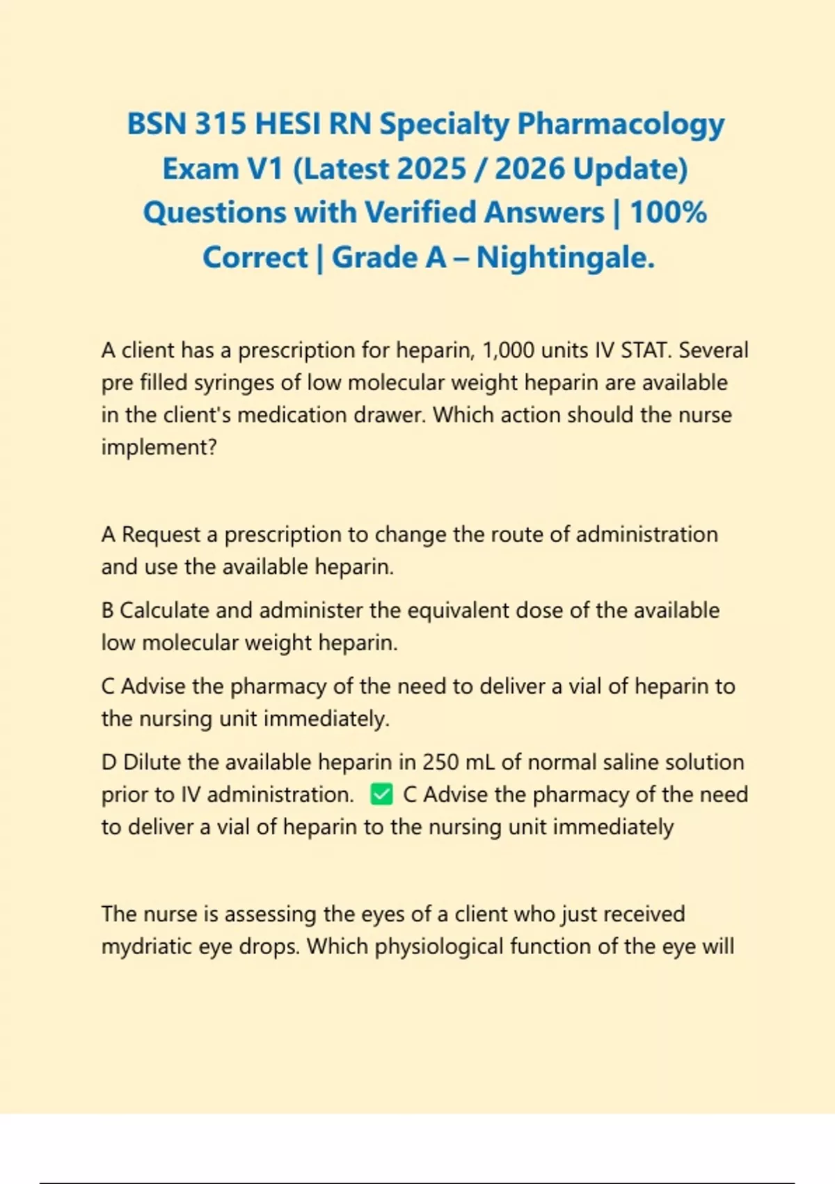 BSN 315 HESI RN Specialty Pharmacology Exam V1 (Latest 2025 / 2026 ...