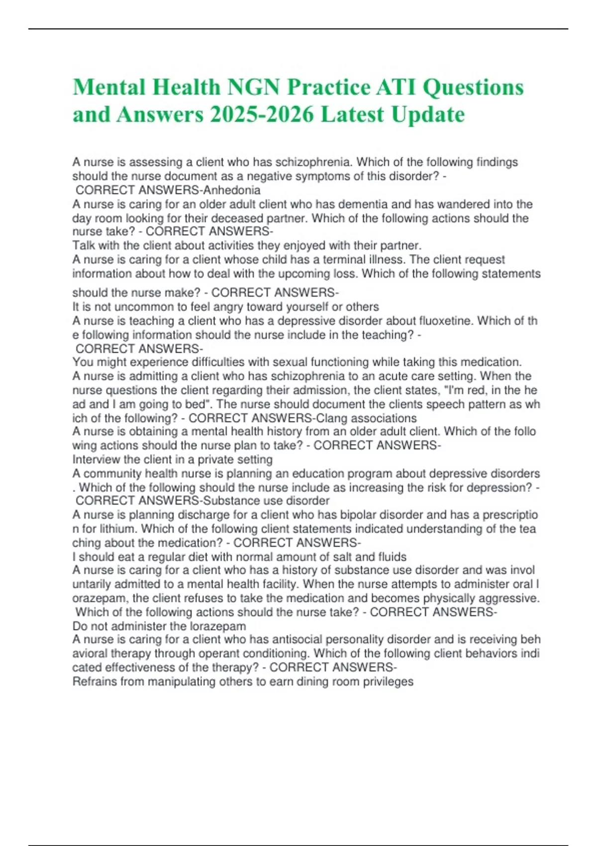 Mental Health NGN Practice ATI Questions and Answers Latest Update ...