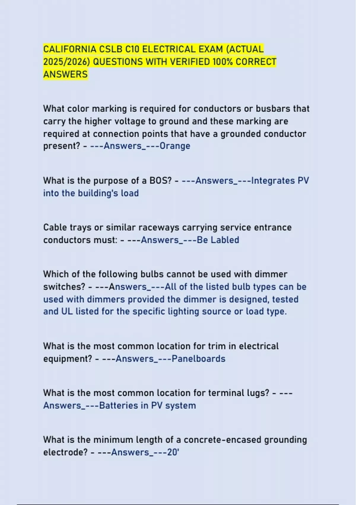 CALIFORNIA CSLB C10 ELECTRICAL EXAM (ACTUAL 2025/2026) QUESTIONS WITH ...