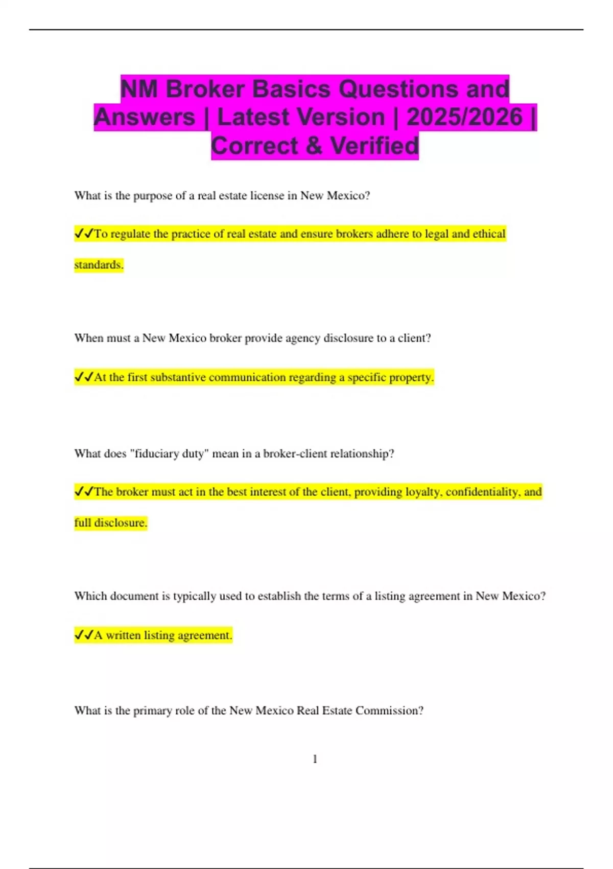 NM Broker Basics Questions and Answers | Latest Version | 2025/2026 ...