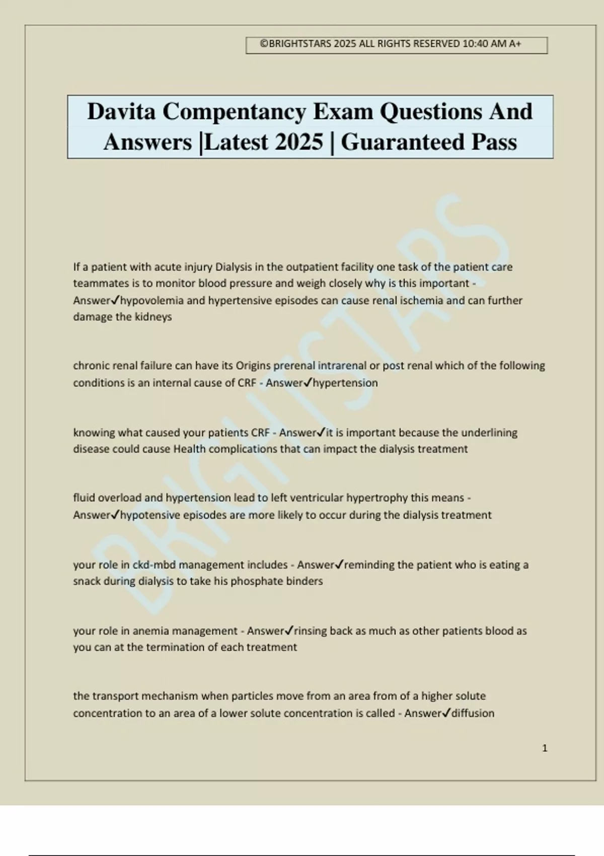 Davita Compentancy Exam Questions And Answers |Latest 2025 | Guaranteed ...