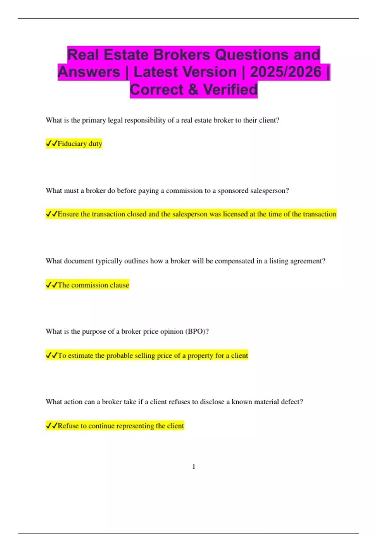 Real Estate Brokers Questions and Answers | Latest Version | 2025/2026 ...