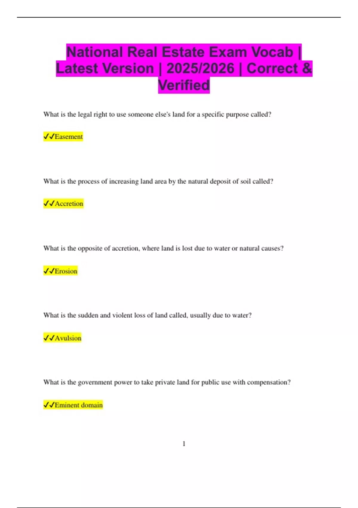 National Real Estate Exam Vocab | Latest Version | 2025/2026 | Correct ...