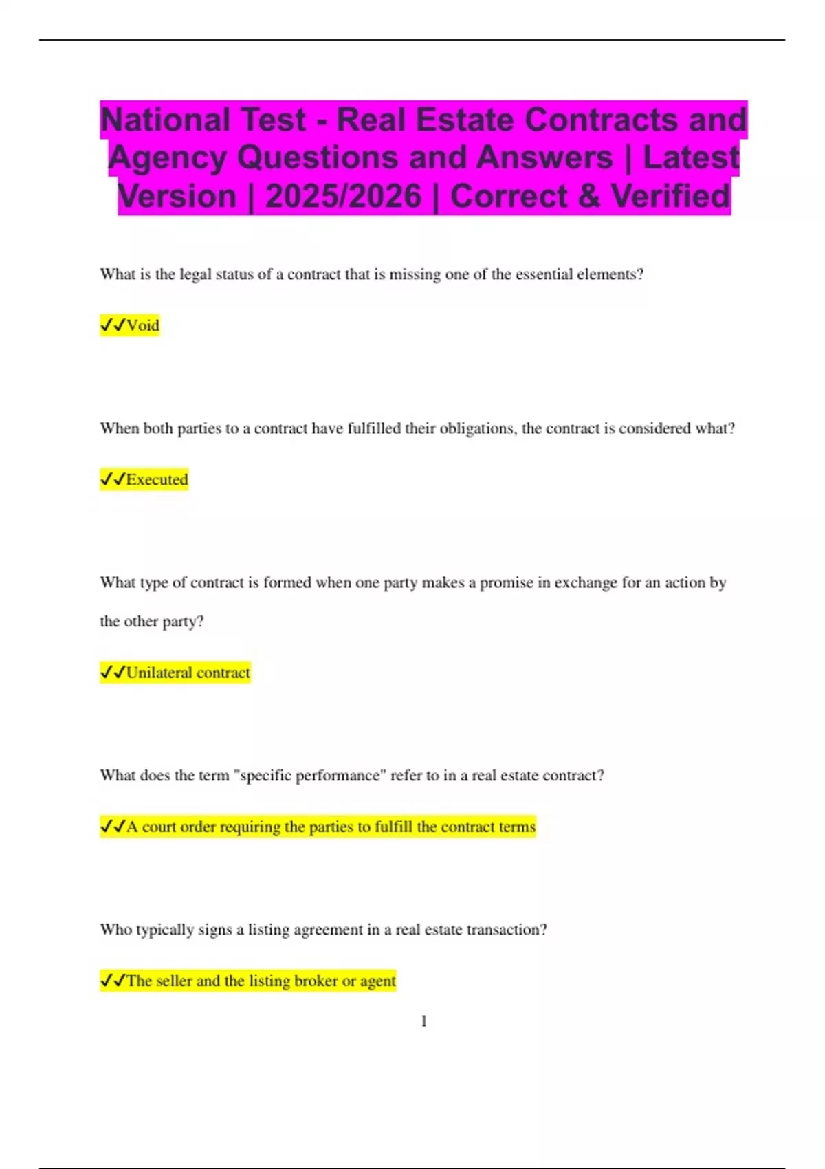 National Test - Real Estate Contracts and Agency Questions and Answers ...
