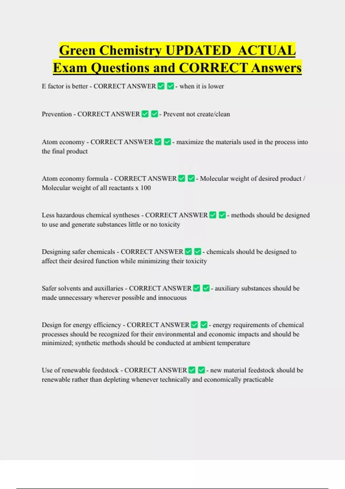 Green Chemistry Bundled Exam Questions WITH CORRECT Answers - Stuvia US