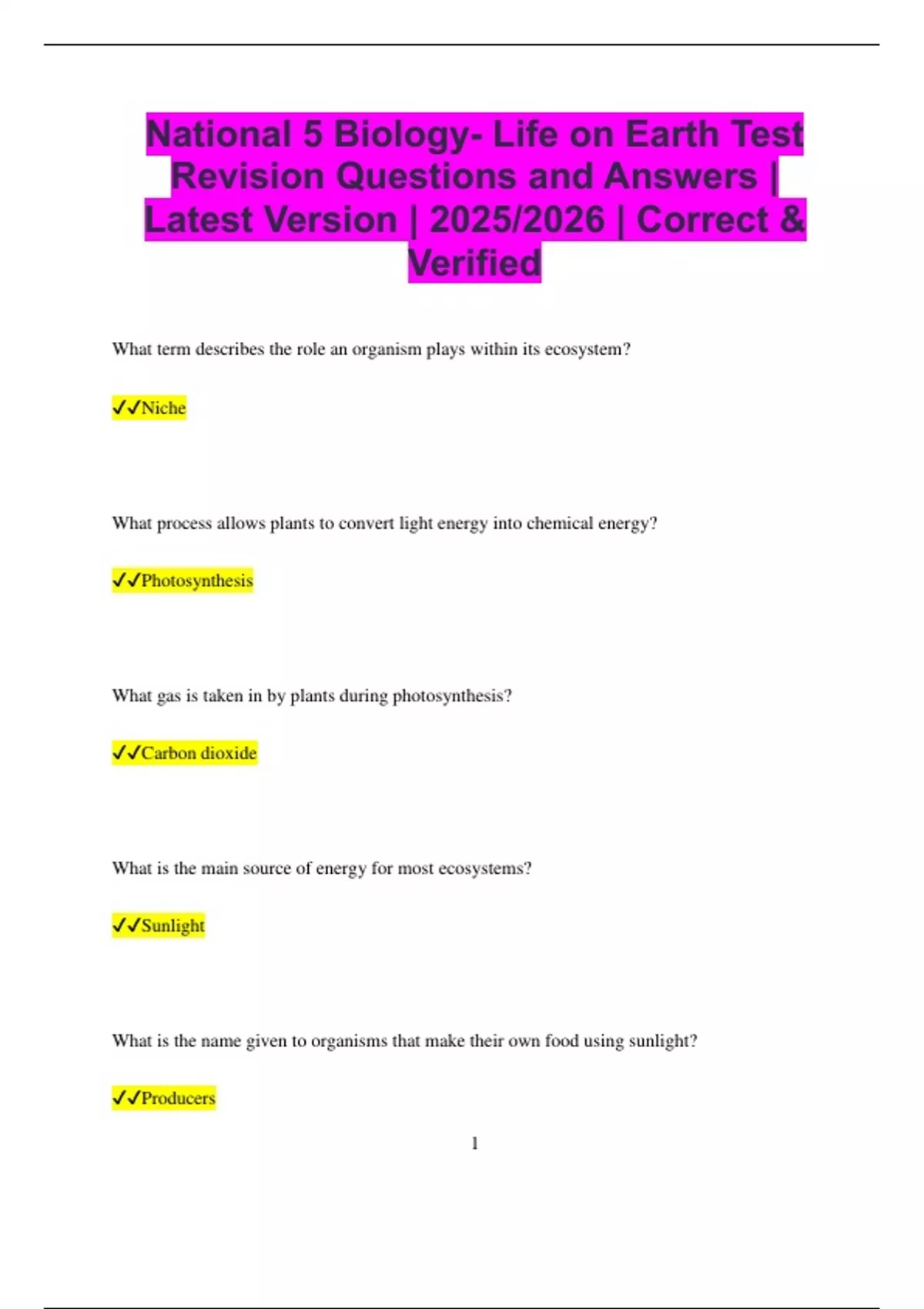 National 5 Biology- Life on Earth Test Revision Questions and Answers ...