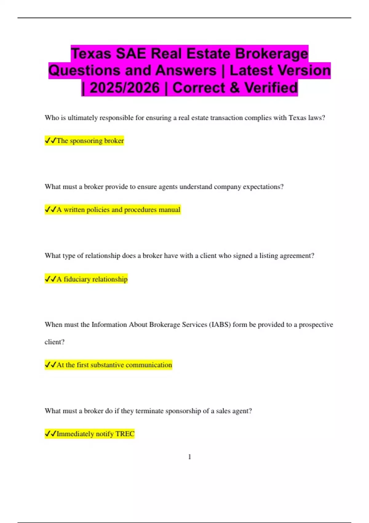 Texas SAE Real Estate Brokerage Questions and Answers | Latest Version ...