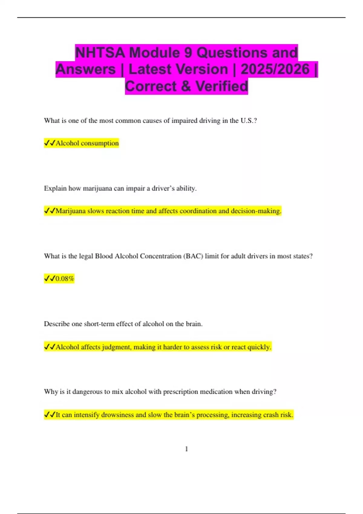 NHTSA Module 9 Questions and Answers | Latest Version | 2025/2026 ...