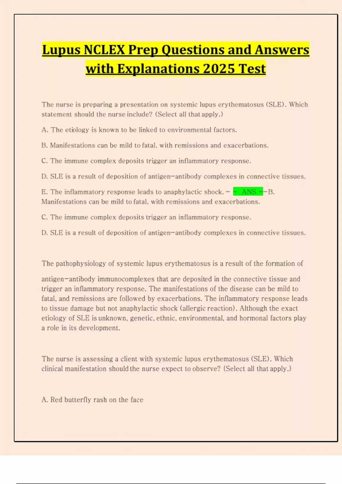 Lupus NCLEX Prep Questions and Answers with Explanations 2025 Test ...