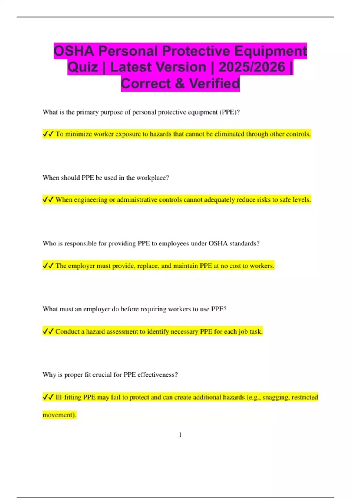 OSHA Personal Protective Equipment Quiz | Latest Version | 2025/2026 ...