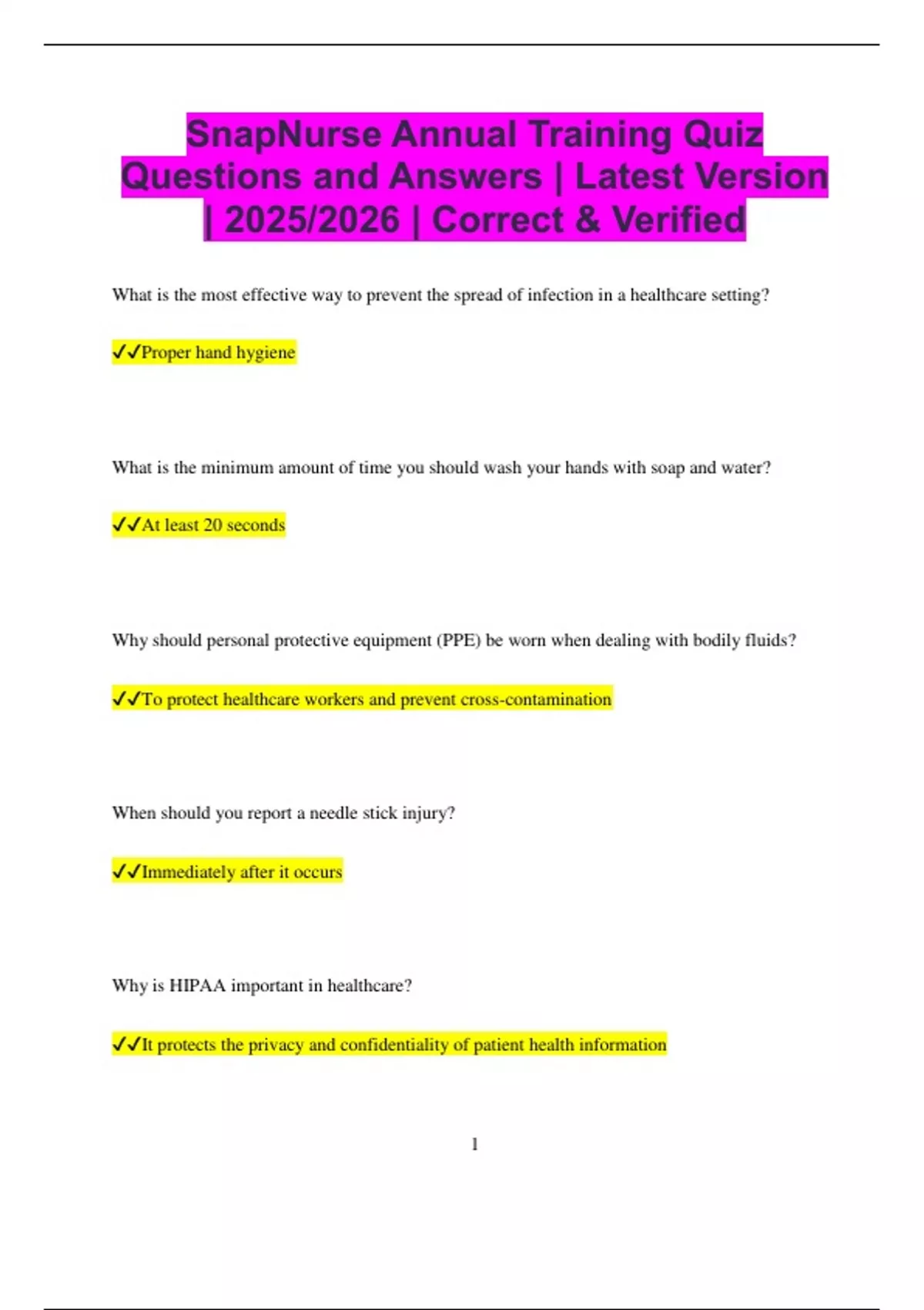 SnapNurse Annual Training Quiz Questions and Answers | Latest Version ...