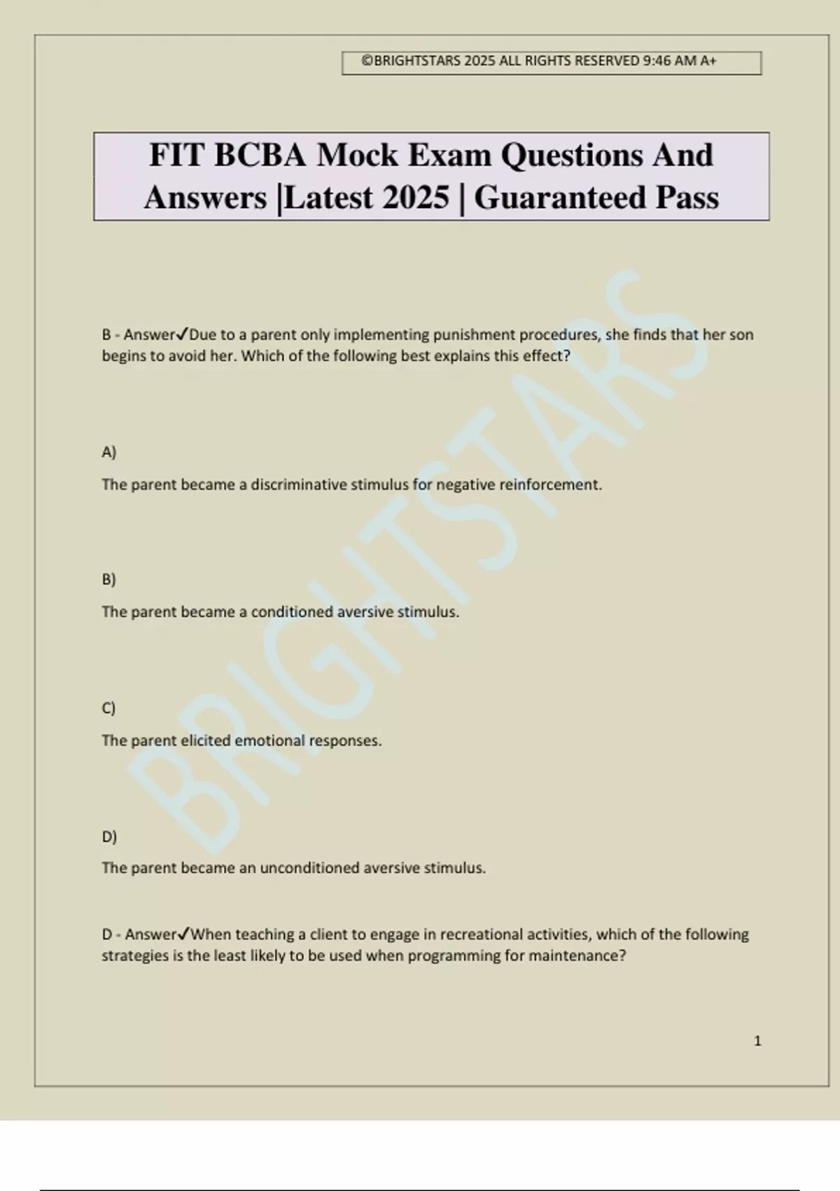 FIT BCBA Mock Exam Questions And Answers |Latest 2025 | Guaranteed Pass ...