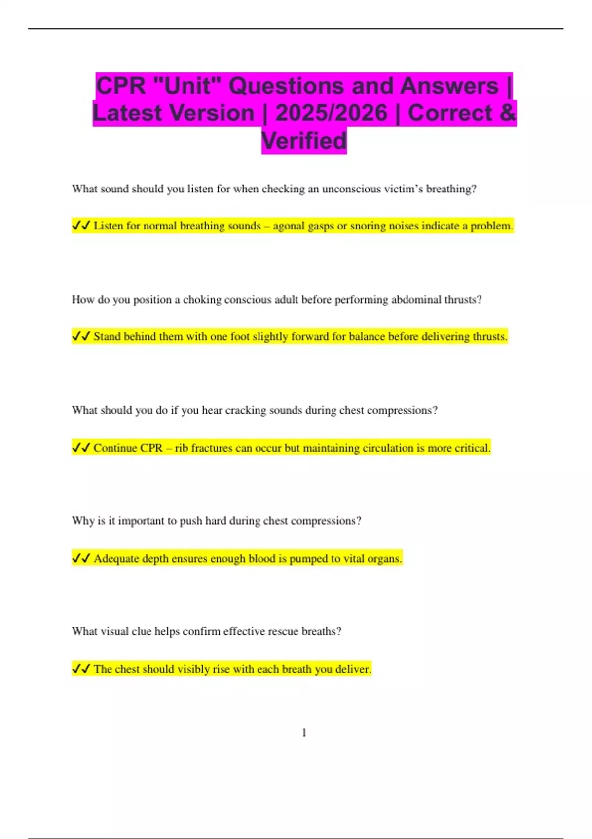 CPR "Unit" Questions and Answers | Latest Version | 2025/2026 | Correct ...