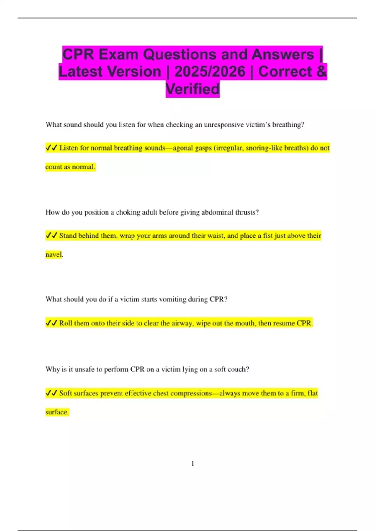 CPR Exam Questions and Answers | Latest Version | 2025/2026 | Correct ...