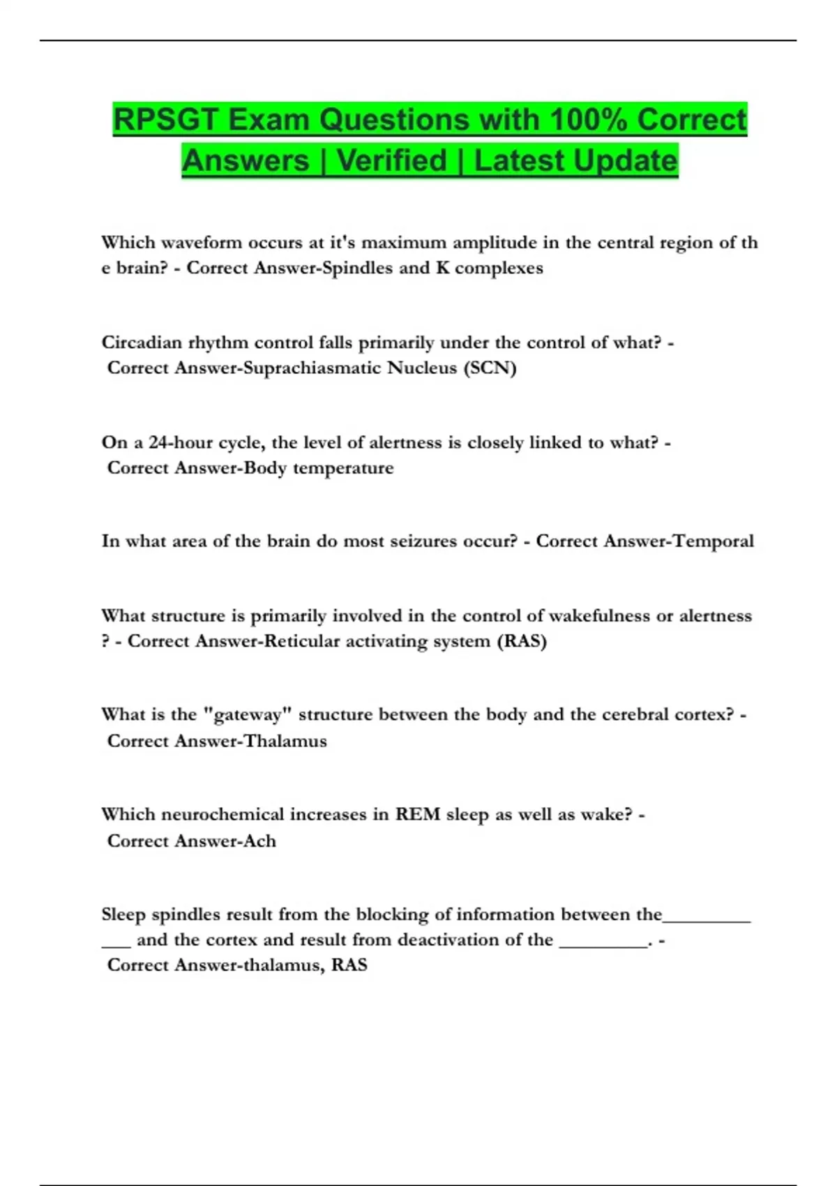 RPSGT Exam Questions with 100% Correct Answers | Verified | Latest ...