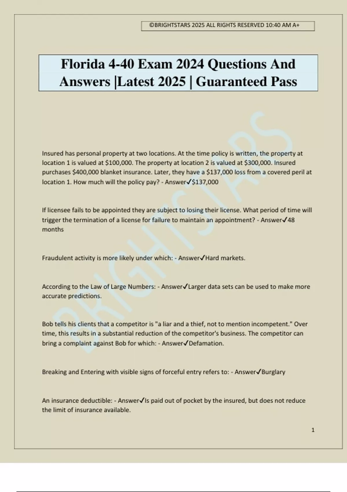 Florida 4-40 Exam 2024 Questions And Answers |Latest 2025 | Guaranteed ...