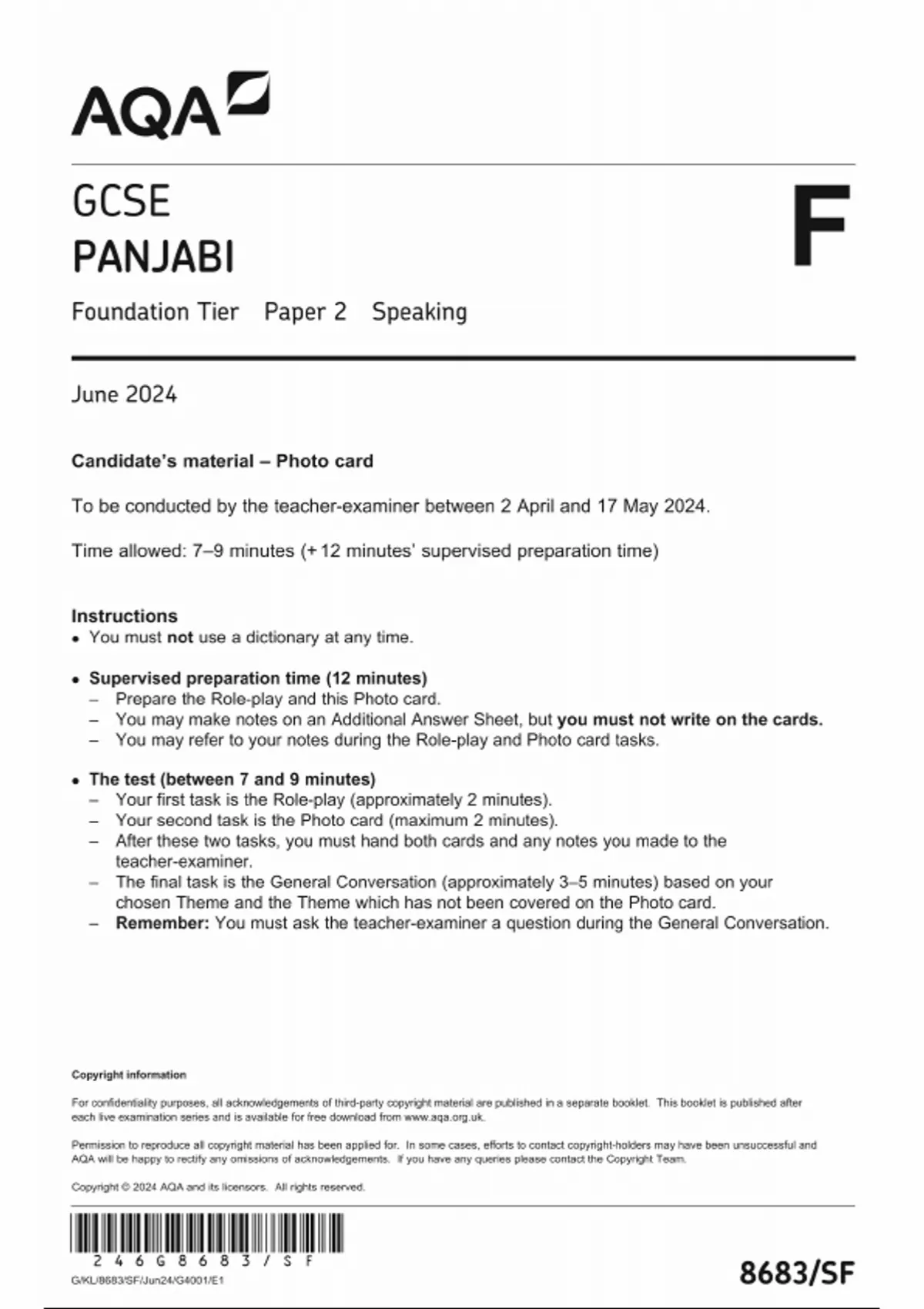 AQA GCSE PANJABI Foundation Tier PAPER 2 Speaking Photo Card QP 2024 ...