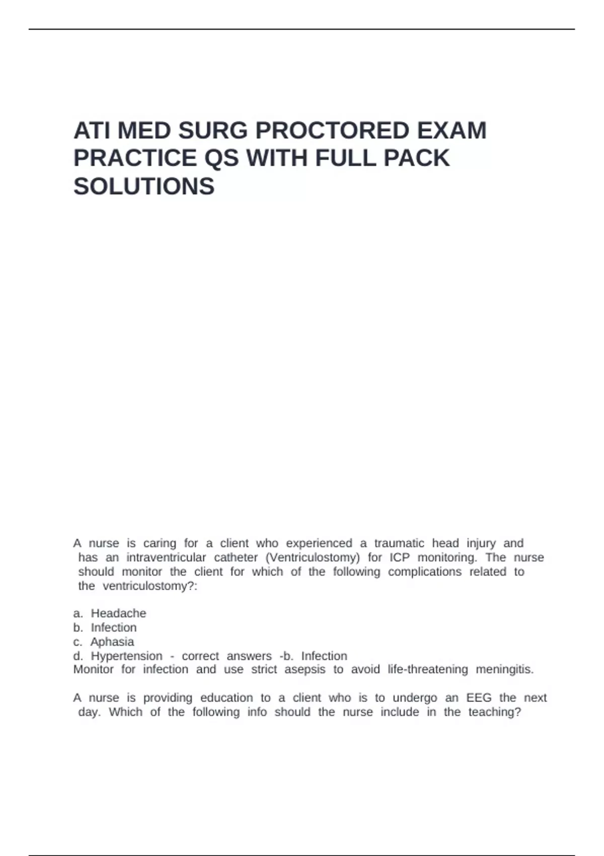 ATI MED SURG PROCTORED EXAM PRACTICE QS WITH FULL PACK SOLUTIONS - ATI Med Surg P - Stuvia US