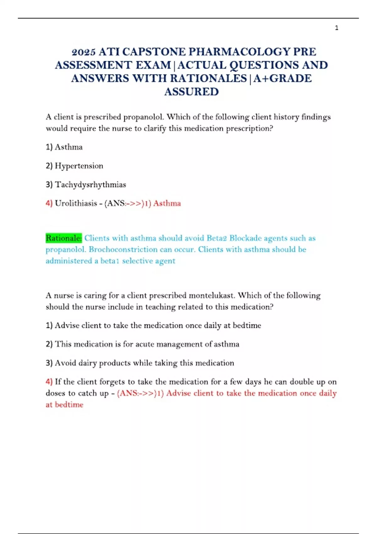 2025 ATI CAPSTONE PHARMACOLOGY PRE ASSESSMENT EXAM|ACTUAL QUESTIONS AND ...