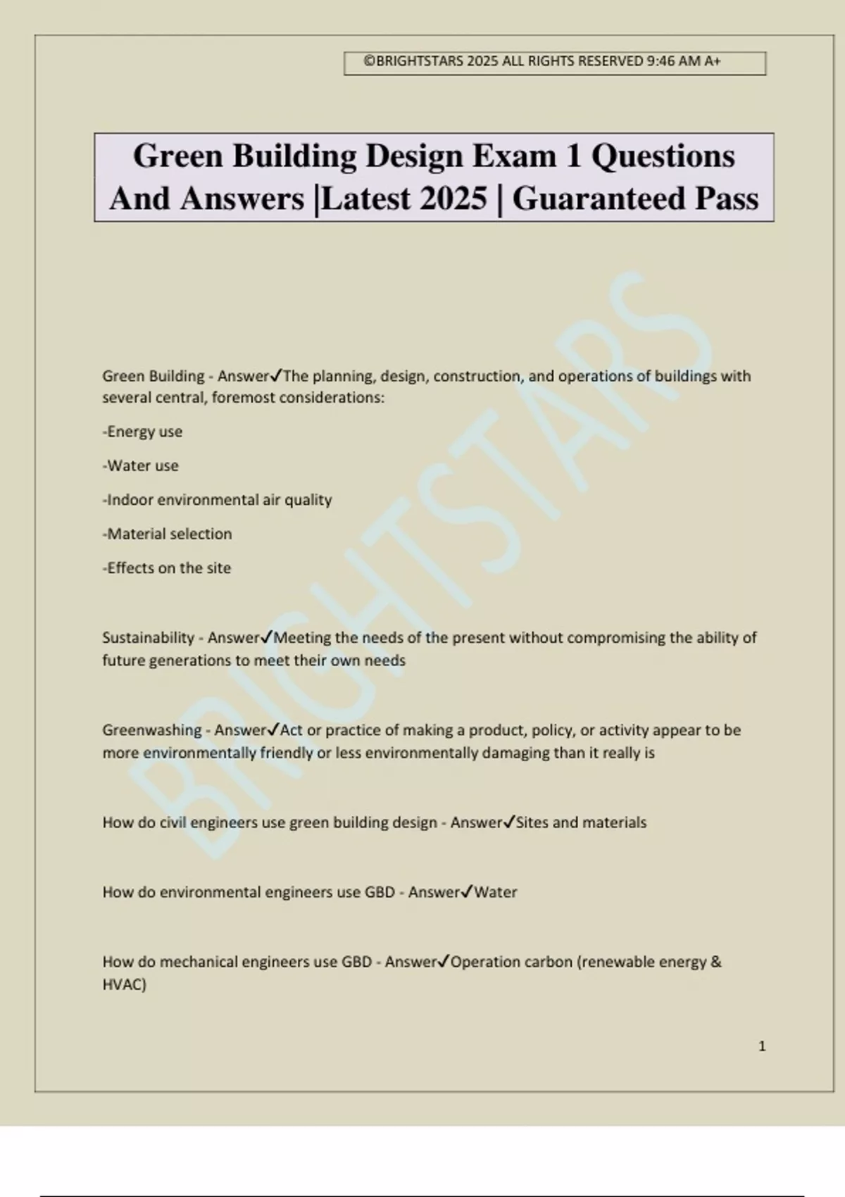 Green Building Design Exam 1 Questions And Answers |Latest 2025 ...