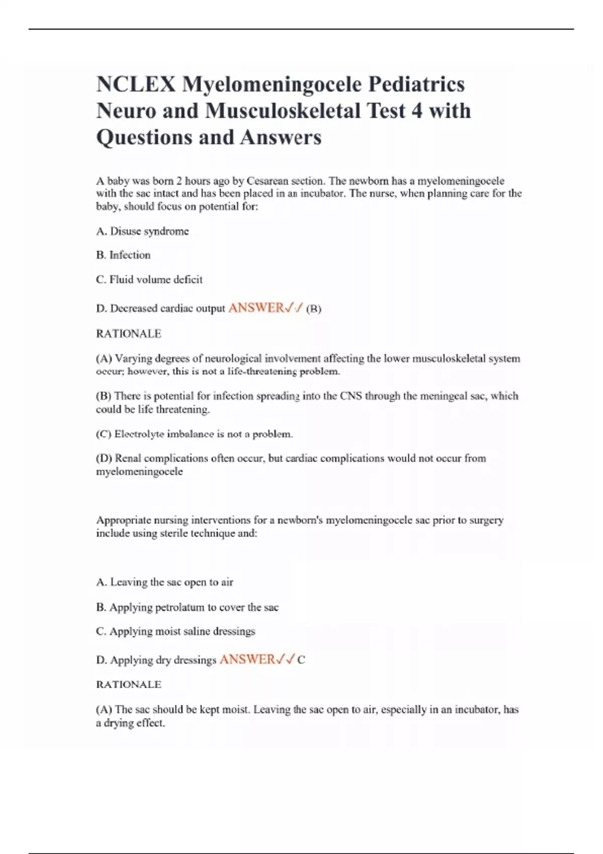 NCLEX Myelomeningocele Pediatrics Neuro and Musculoskeletal Test 4 with ...