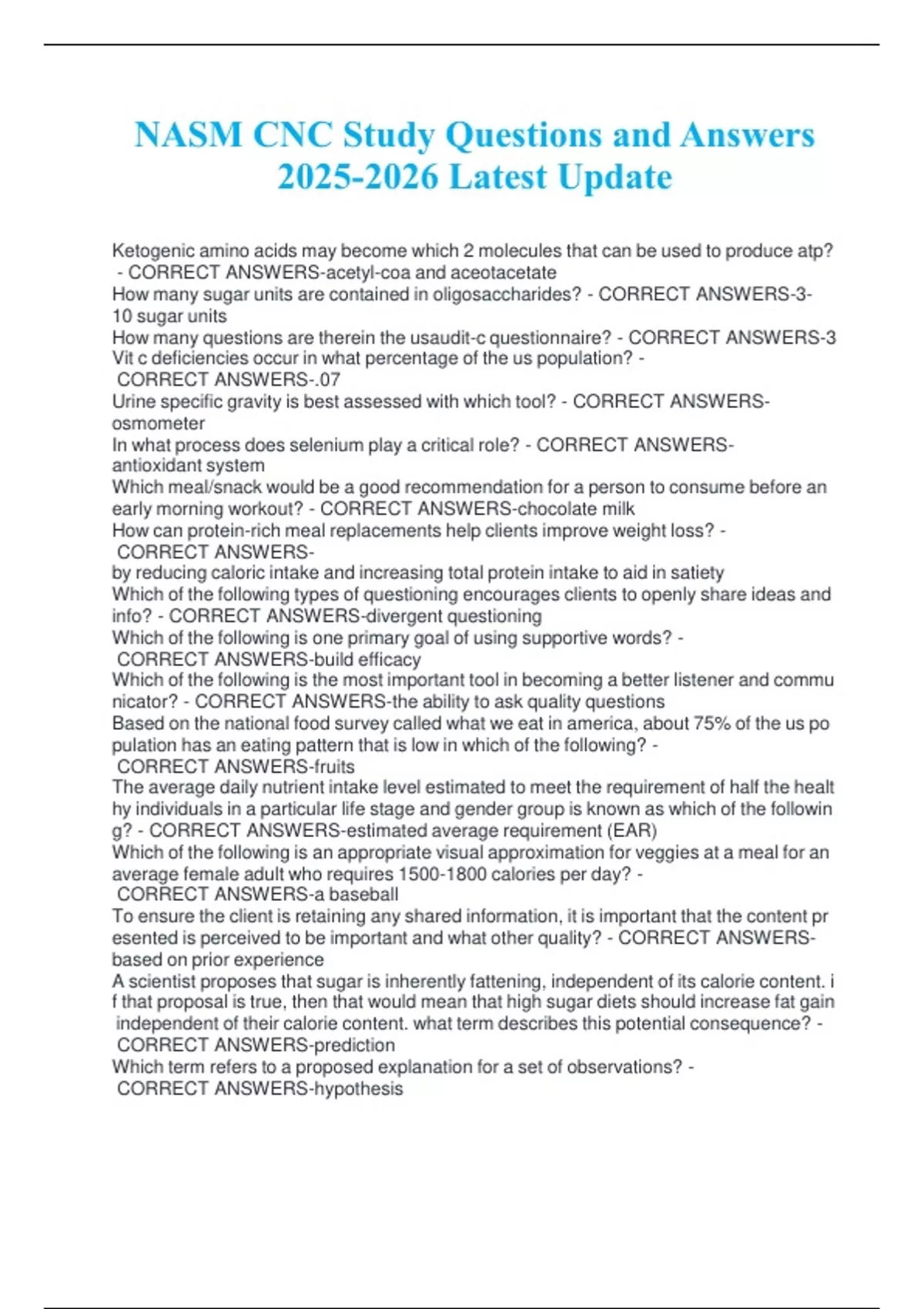 NASM CNC Study Questions and Answers Latest Update - NASM CNC NUTRITION ...