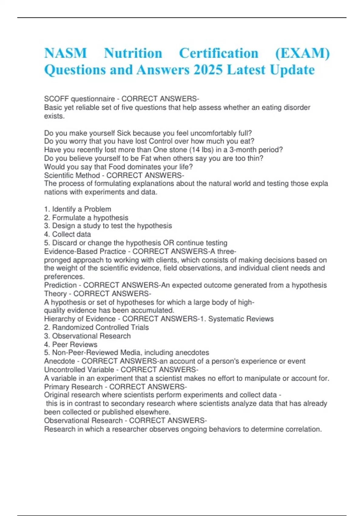 NASM Nutrition Certification (EXAM) Questions and Answers 2025 Latest ...