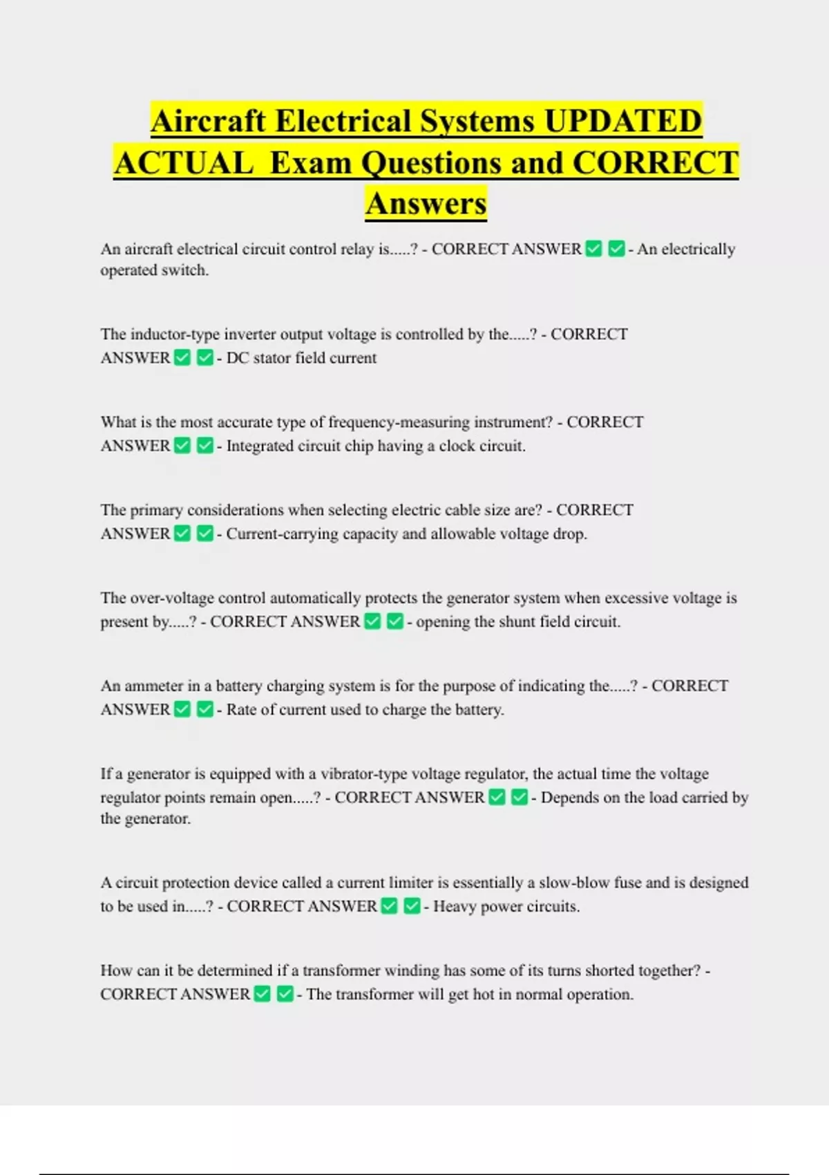Aircraft Electrical Systems UPDATED ACTUAL Exam Questions and CORRECT ...
