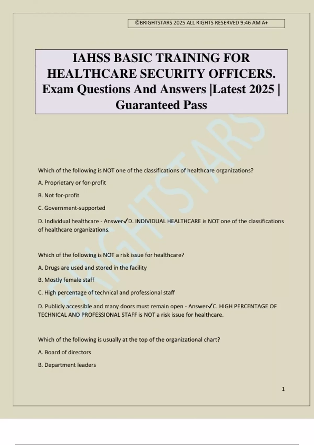 IAHSS BASIC TRAINING FOR HEALTHCARE SECURITY OFFICERS. Exam Questions ...