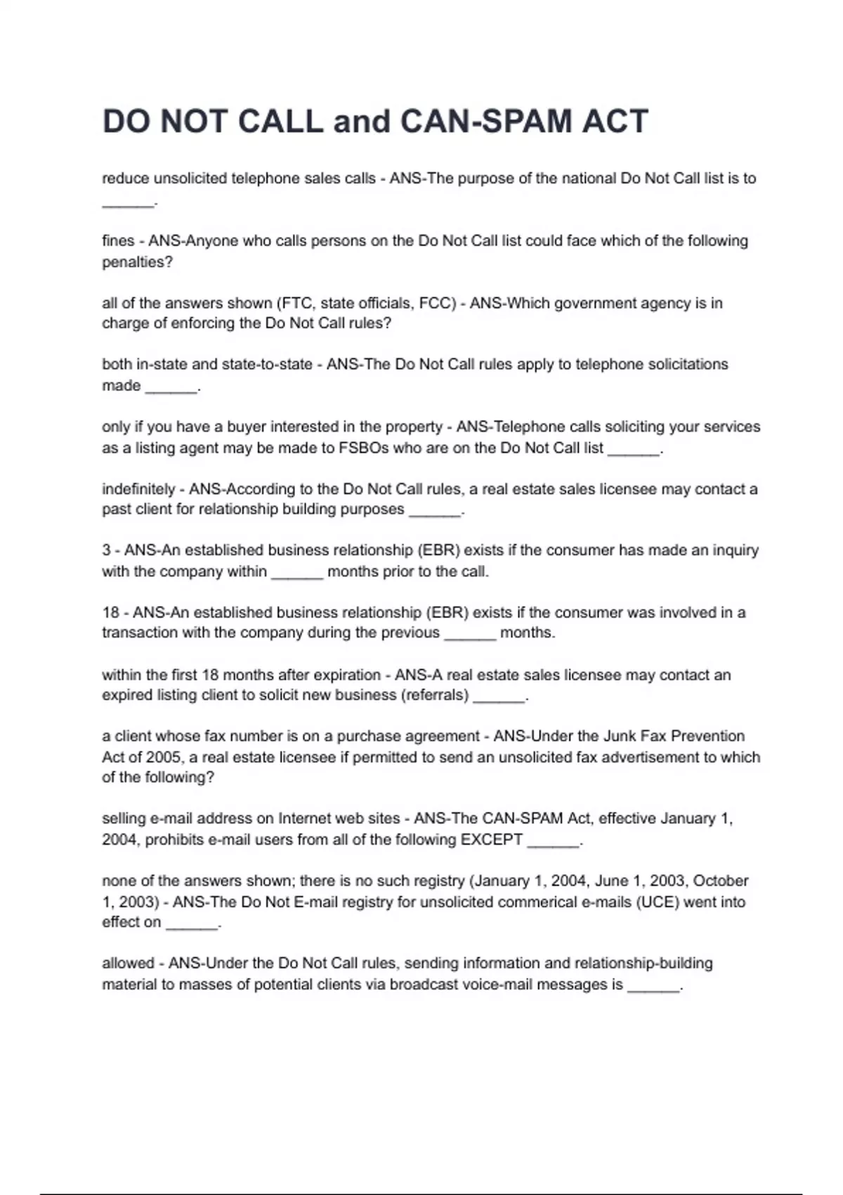 DO NOT CALL and CAN-SPAM ACT QUIZ QUESTIONS AND ANSWERS GRADED A+ 2025/ ...