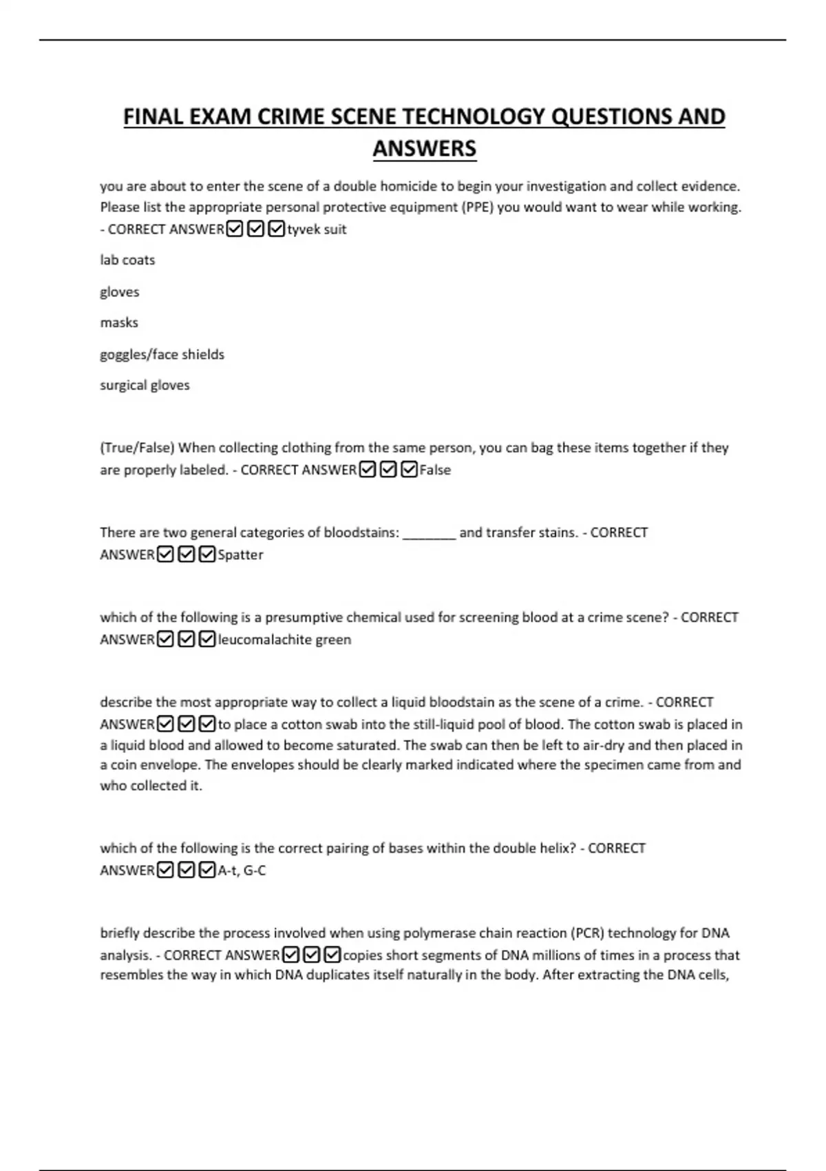 FINAL EXAM CRIME SCENE TECHNOLOGY QUESTIONS AND ANSWERS - CRIME SCENE ...