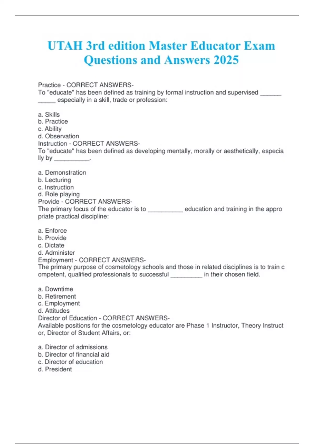 UTAH 3rd edition Master Educator Exam Questions and Answers 2025 - UTAH ...