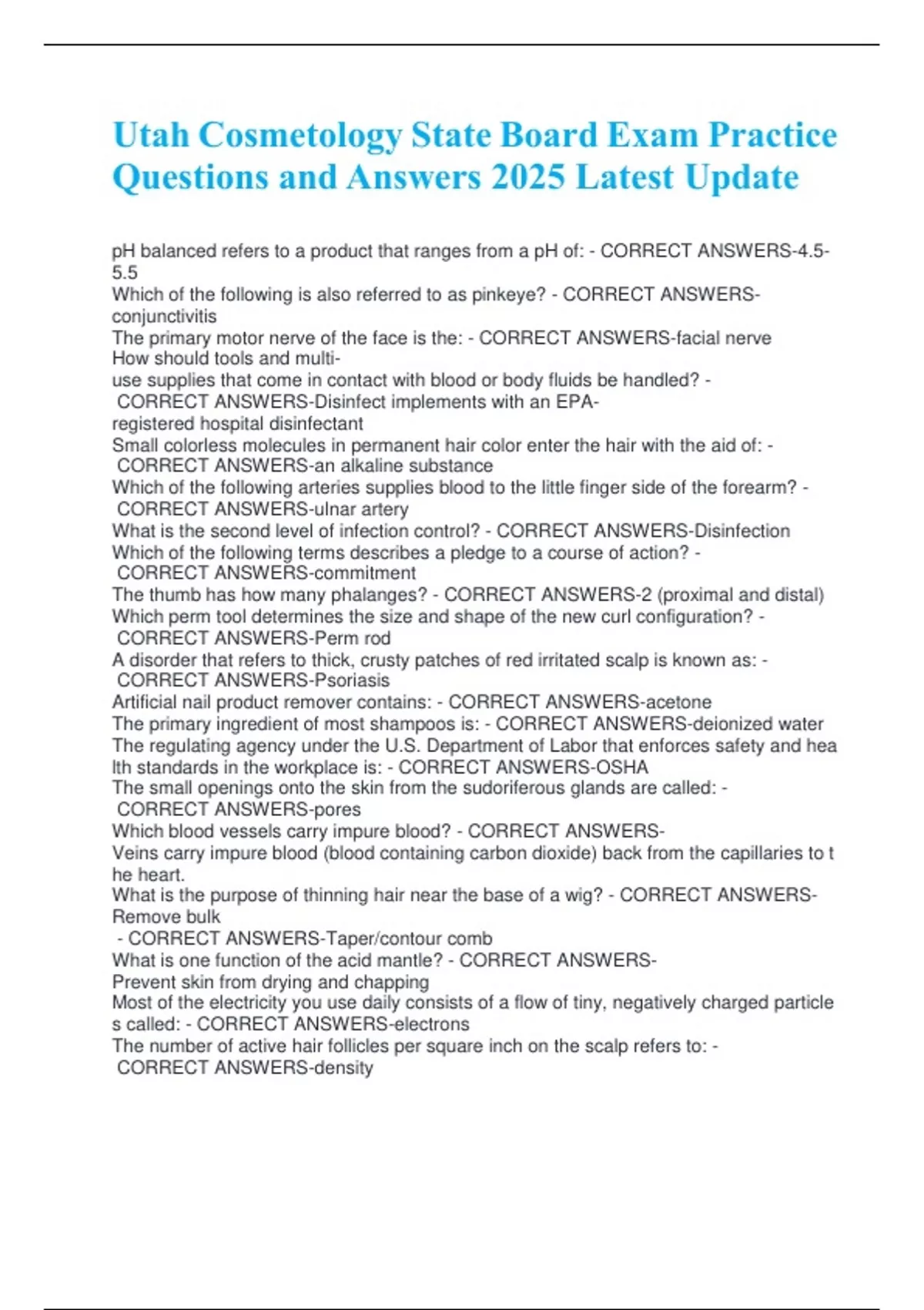 Utah Cosmetology State Board Exam Practice Questions and Answers 2025 ...