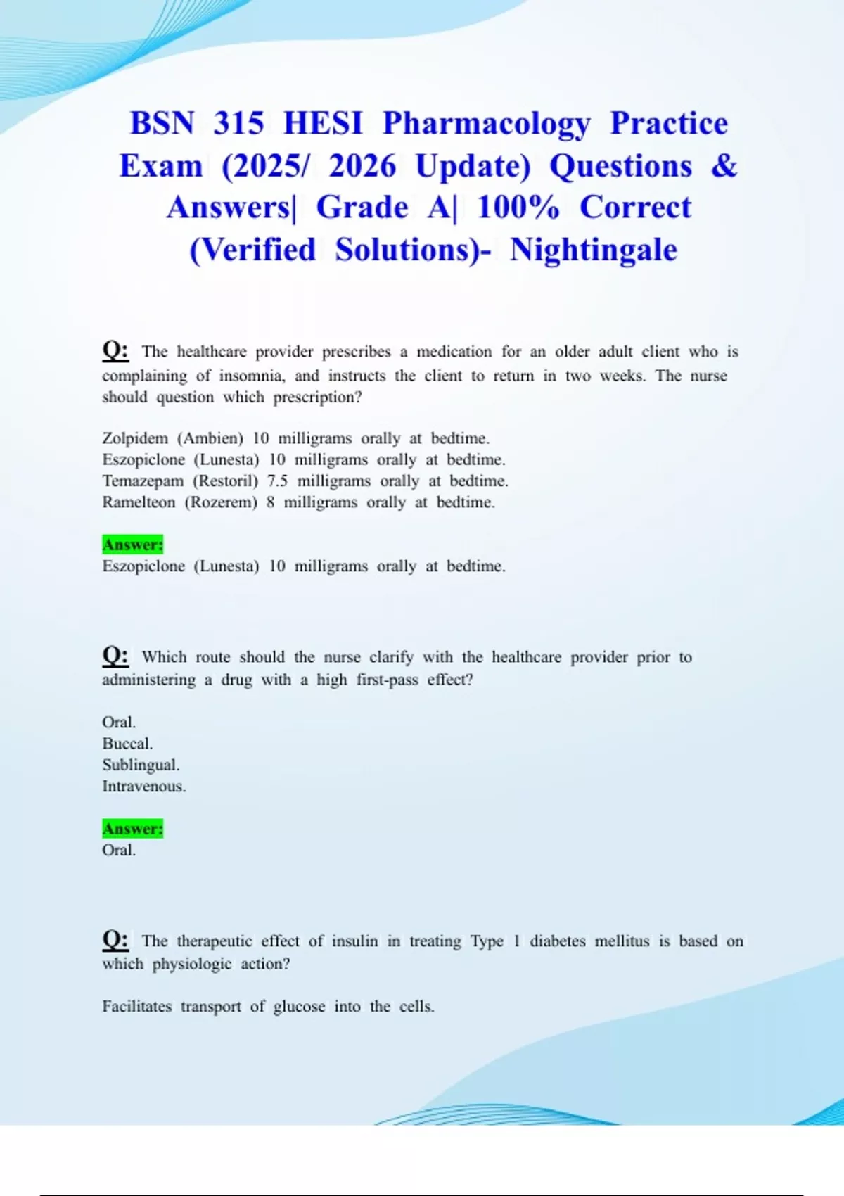 BSN 315 HESI Pharmacology Practice Exam (2025/ 2026 Update) Questions ...